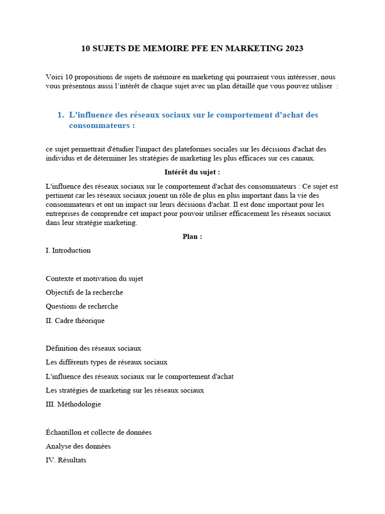 10 Sujets de Memoire Pfe en Marketing 2023 | PDF | Commercialisation | Marque
