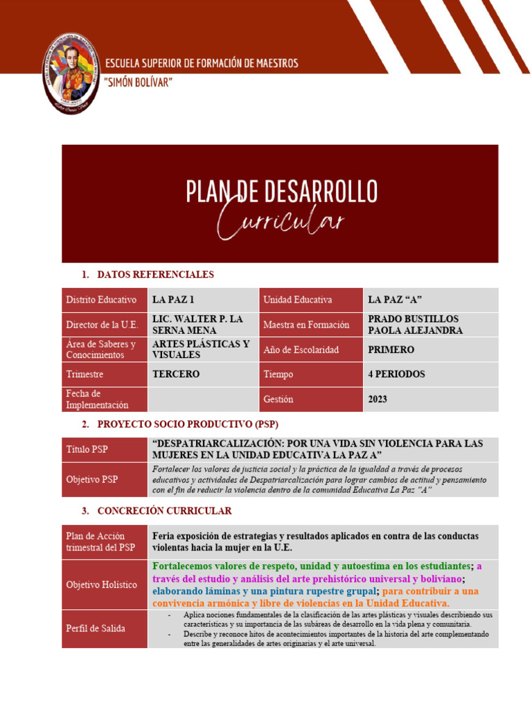 Plan de Desarrollo Curricular 1ro de Secundaria | PDF | Maestros | Dibujo