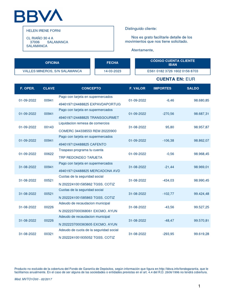 Cuenta En: Eur: Oficina Fecha Código Cuenta Cliente Iban | PDF ...