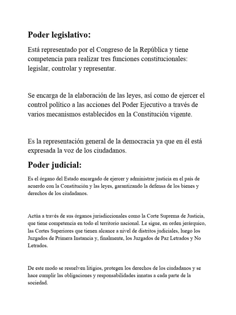 Poderes Del Estado Peruano | PDF | Judicaturas | Separación de poderes