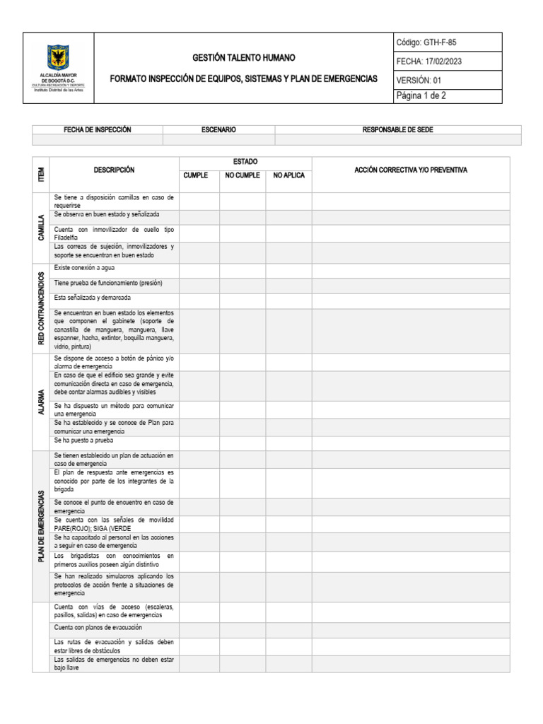 Formato Inspección de Equipos, Sistemas y Plan de Emergencias | PDF