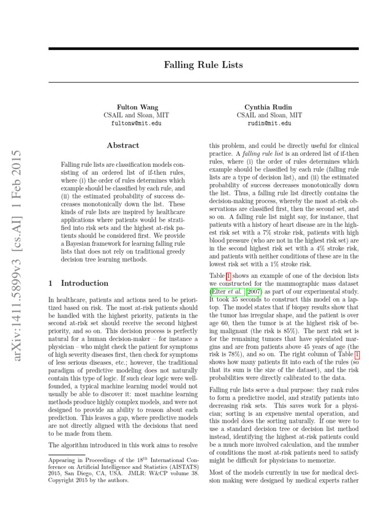 Falling Rule Lists - Fulton Wang, Cynthia Rudin | PDF | Statistical ...