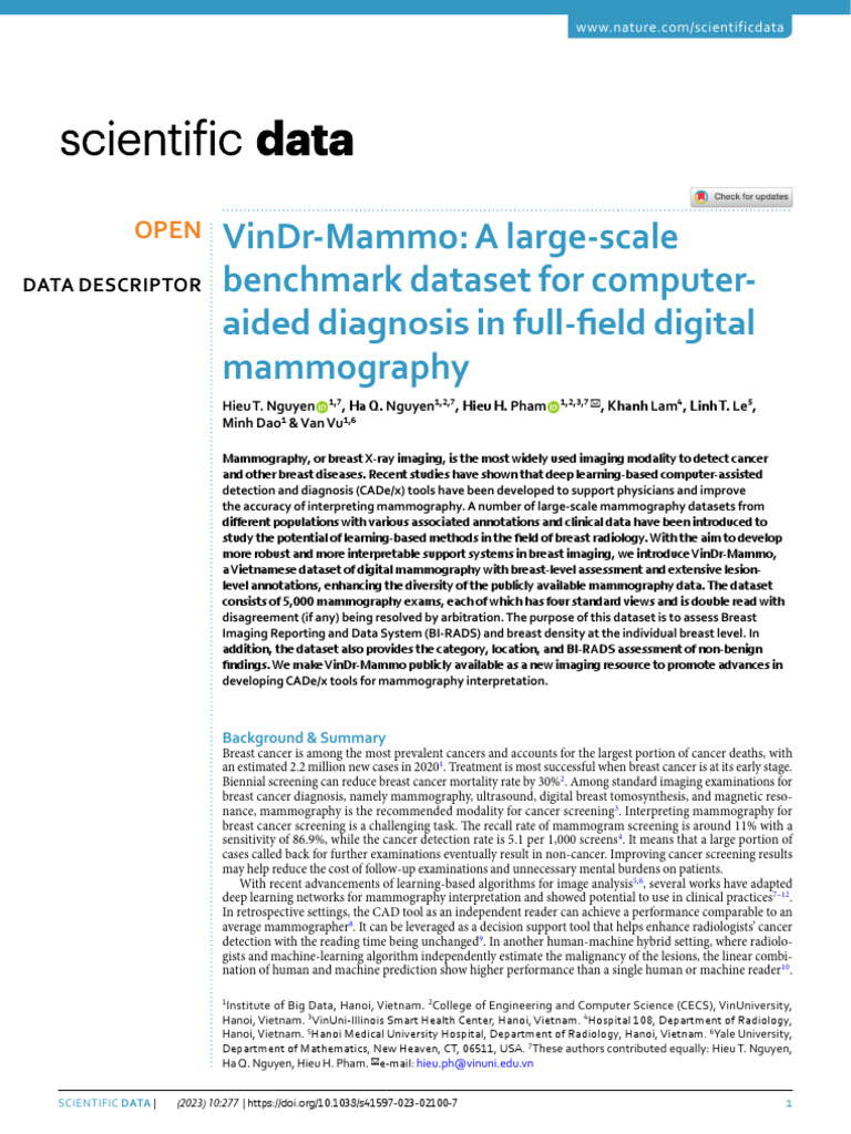 Vindr Mammo A Large Scale Benchmark Dataset For Computer Aided