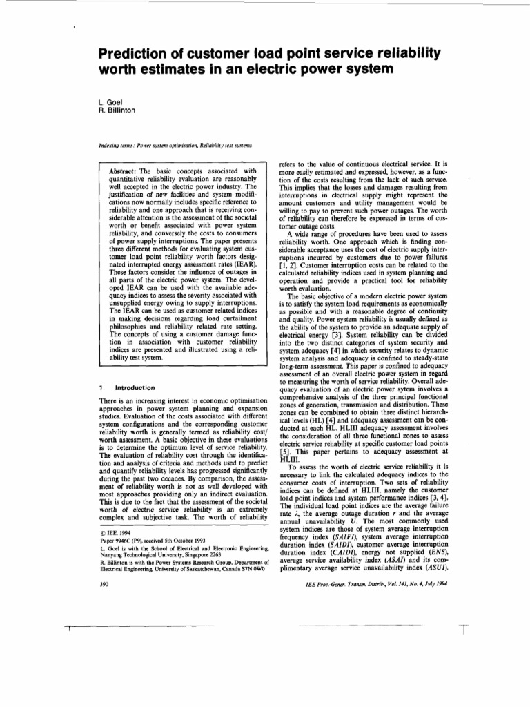 Prediction of Customer Load Point Service Reliability Worth Estimates ...