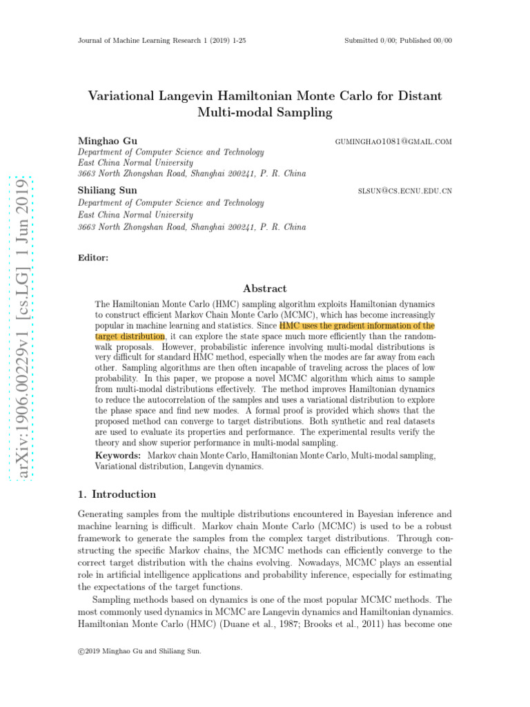 Variational Langevin Hamiltonian Monte Carlo For Distant Multi-Modal Sampling | PDF | Monte ...