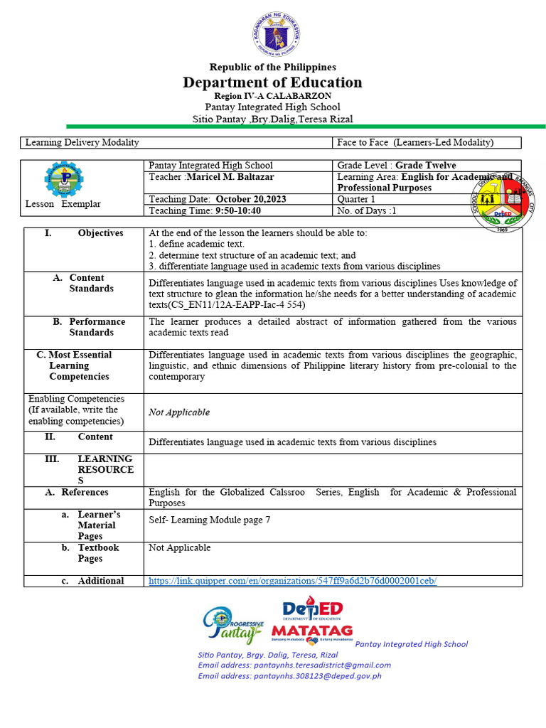 Lesson Exemplar EAPP | PDF | Learning | Essays