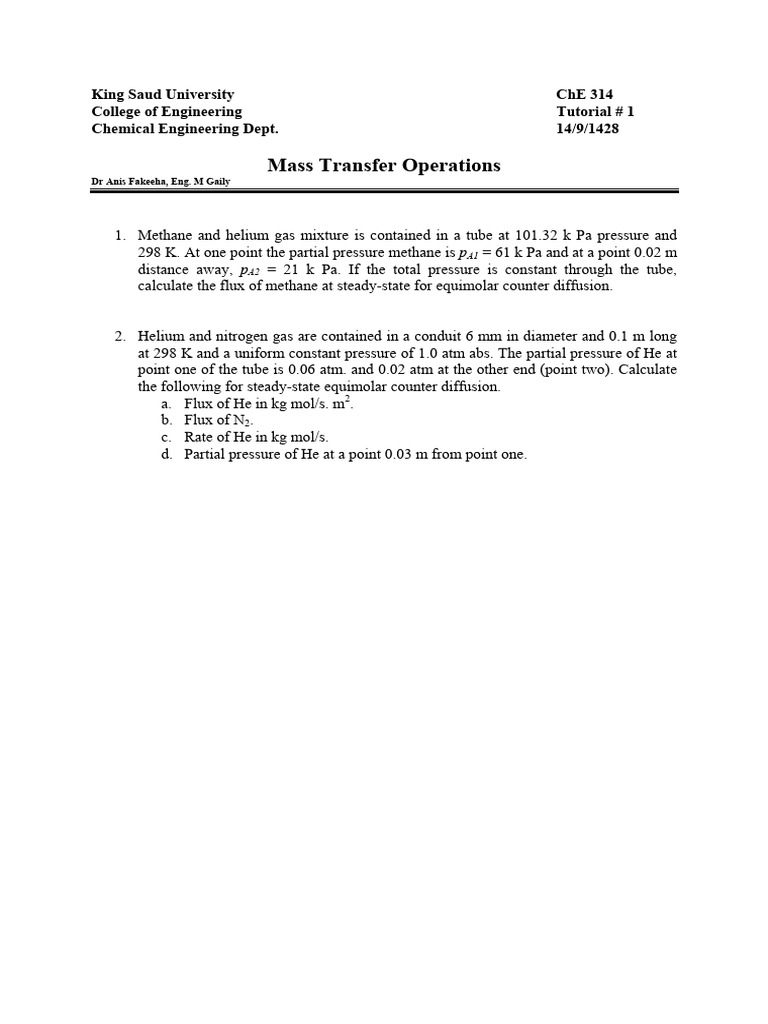 Mass Transfer Operations Tutorials | PDF | Diffusion | Viscosity