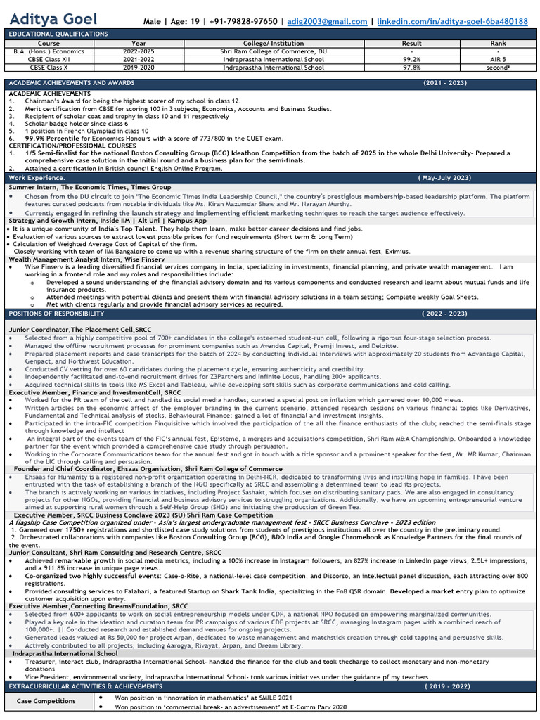 Aditya Goel - Resume - SRCC | Download Free PDF | Non Governmental Organization | Economies