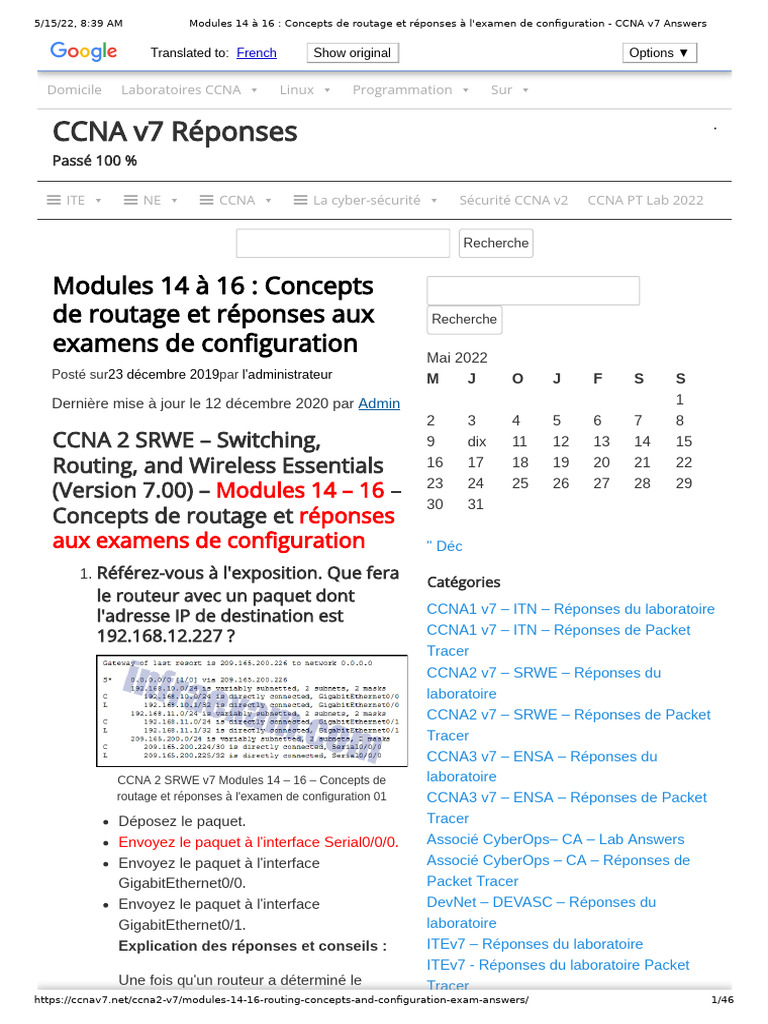 Modules 14 À 16 - Concepts de Routage Et Réponses À L'examen de Configuration - CCNA v7 Answers ...