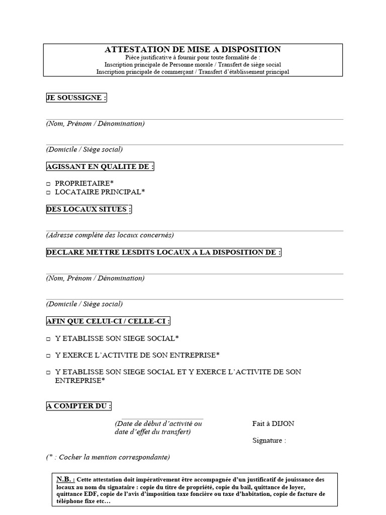 Attestation de mise à disposition de locaux | PDF | Maison et jardin