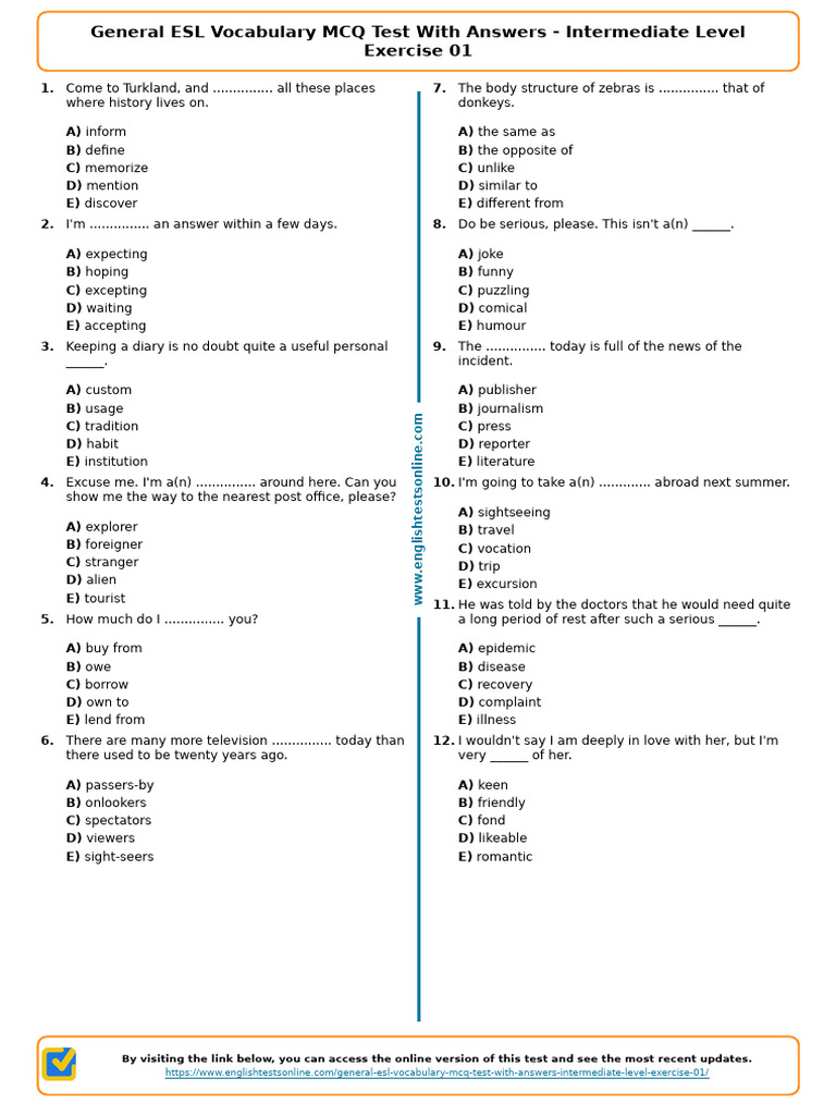 ESL Vocabulary Test: Intermediate Level | PDF