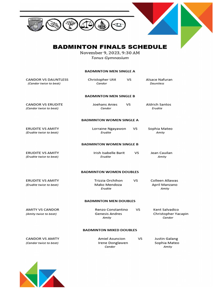 Badminton Finals Schedule | PDF