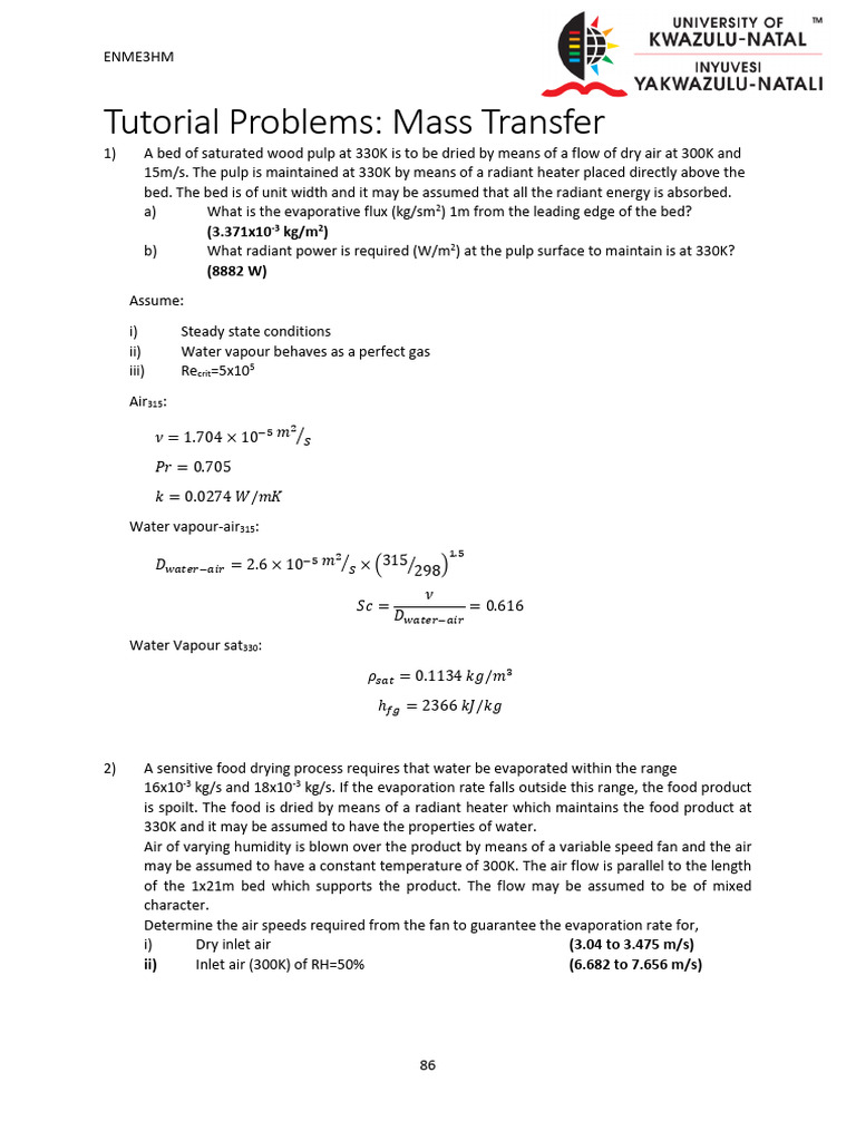 Mass Transfer Tutorial Problems | PDF