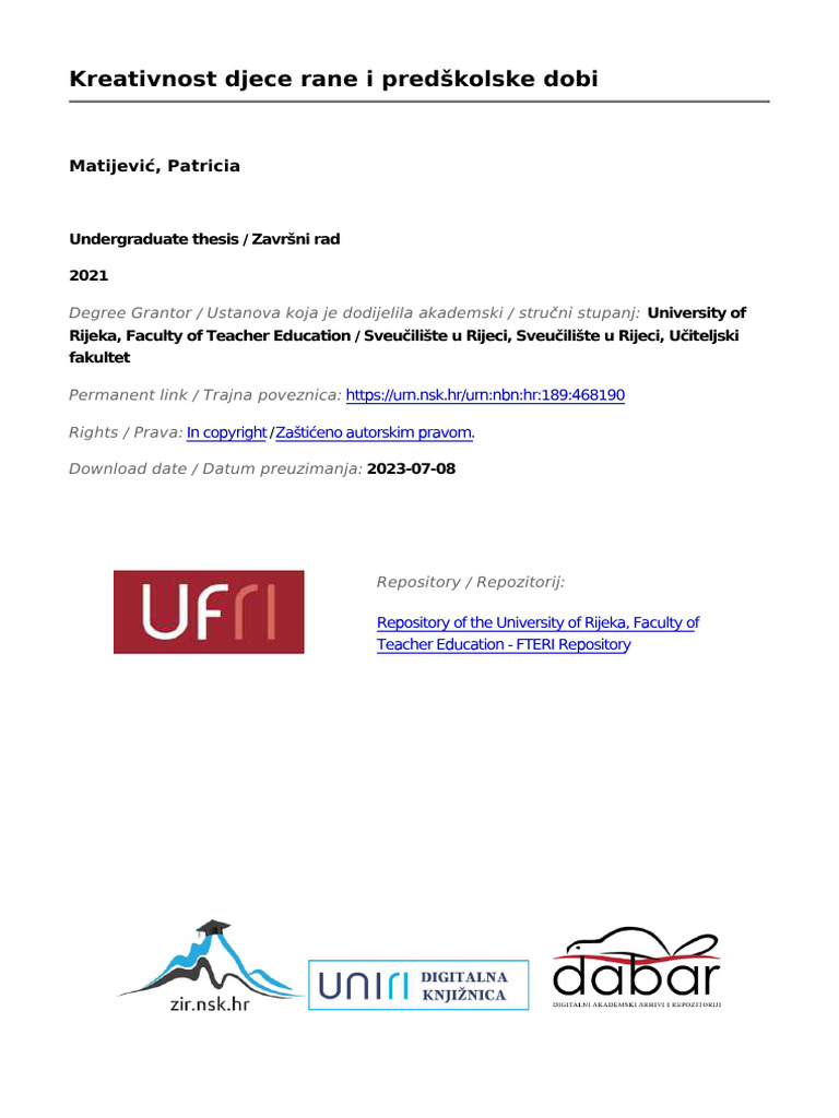 Kreativnost Djece Rane I Predskolske Dobi Matijevic Zavrsni Rad | PDF