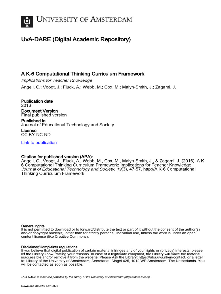 A K 6 Computational Thinking Curriculum Framework | PDF | Thought | Curriculum