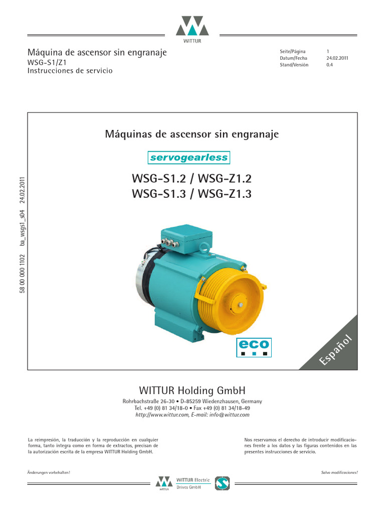 Manual máquina Wittur WSG-S1.2 y WSG-S1.3 | PDF | Ascensor | Tornillo