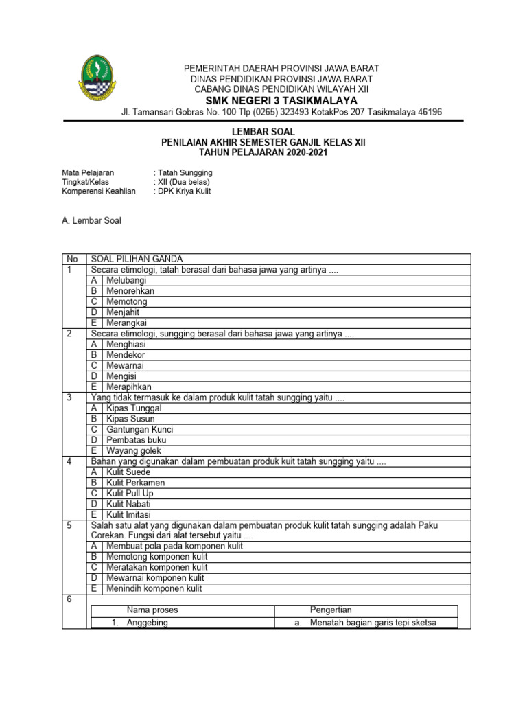 Format Soal PAS Ganjil - Tatah Sungging Kelas XII | PDF