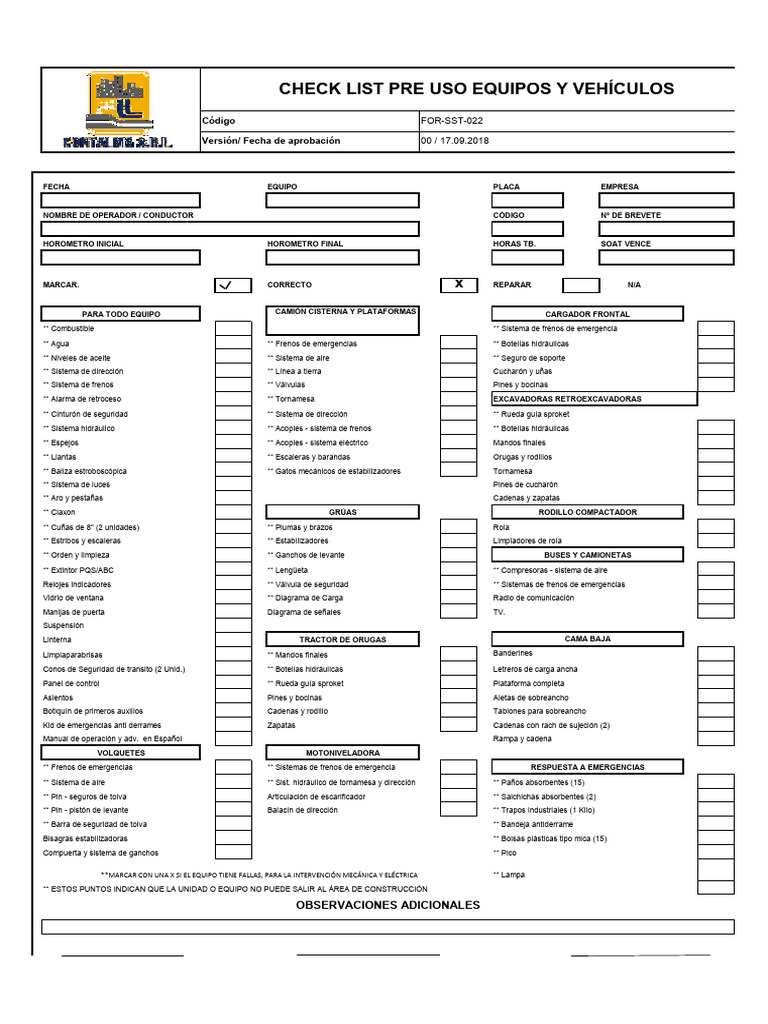 FOR-SST-022 Check List Pre Uso Equipos y Vehículos - v00 | Descargar ...