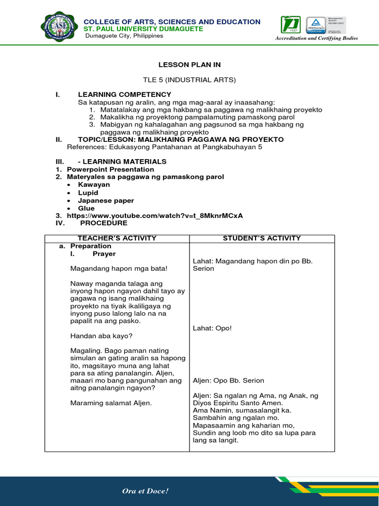 Lesson Plan Tle Malikhaing Proyekto | PDF