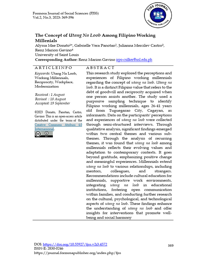 The Concept of Utang Na Loob Among Filipino Working Millenials | PDF ...
