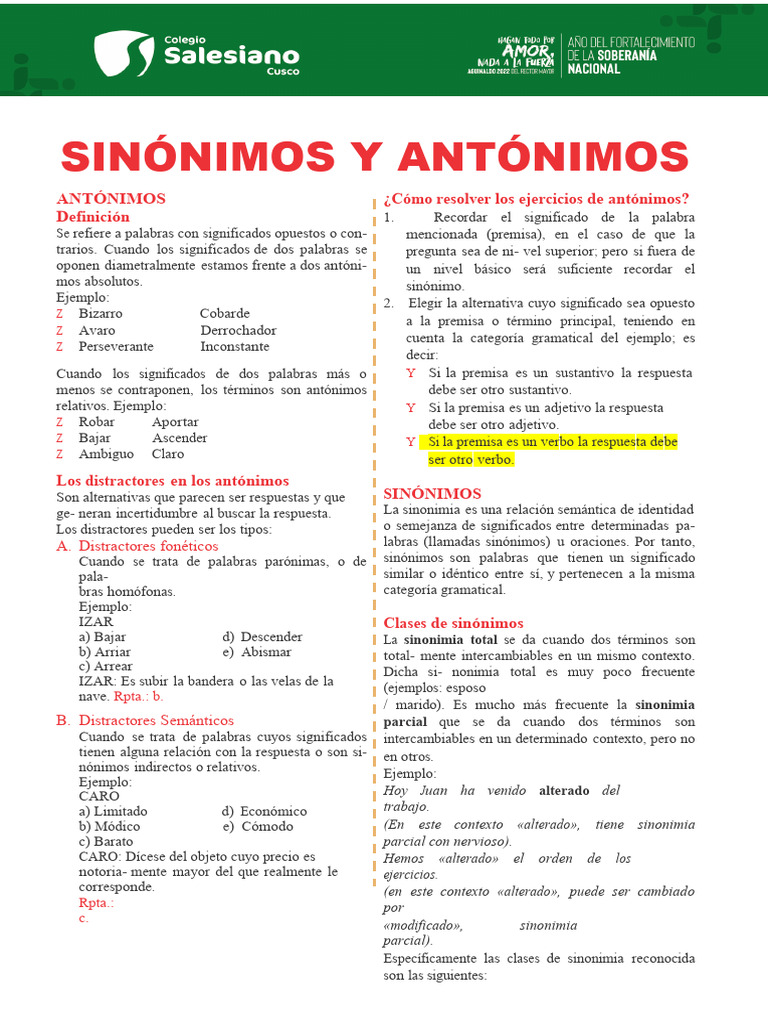 Ejercicios de Sinónimos y Antónimos para Segundo Grado de Secundaria ...