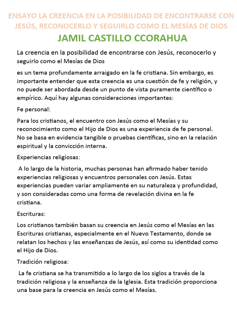 Ensayo La Creencia en La Posibilidad de Encontrarse Con Jesús | PDF ...