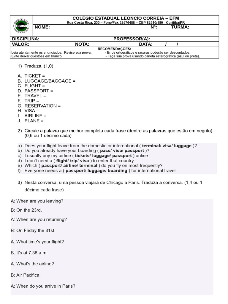 Prova 3 Ano | PDF | Transport