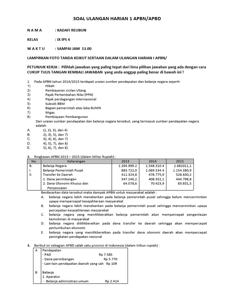 Soal Ulangan Harian 1 Apbn - Apbd | PDF | Pengelolaan Keuangan & Uang