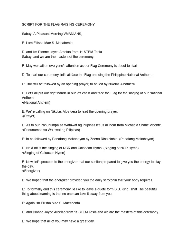 Script For The Flag Raising Ceremony | PDF
