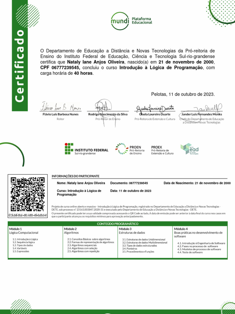 Certificado-IFSUL-Introdução á Lógica de Programação | PDF