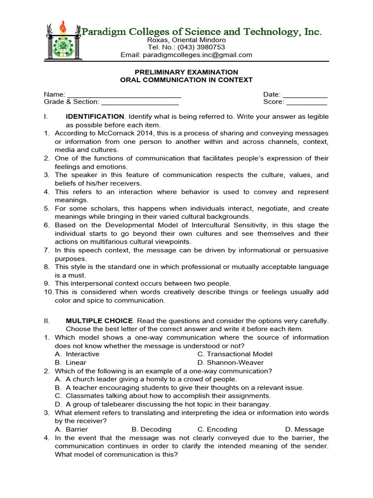 Preliminary Exam | PDF | Communication | Psychological Concepts