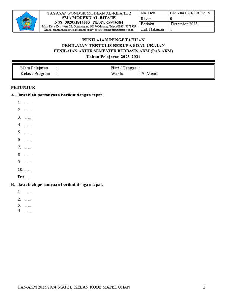 Format Soal Pas 2324 | PDF