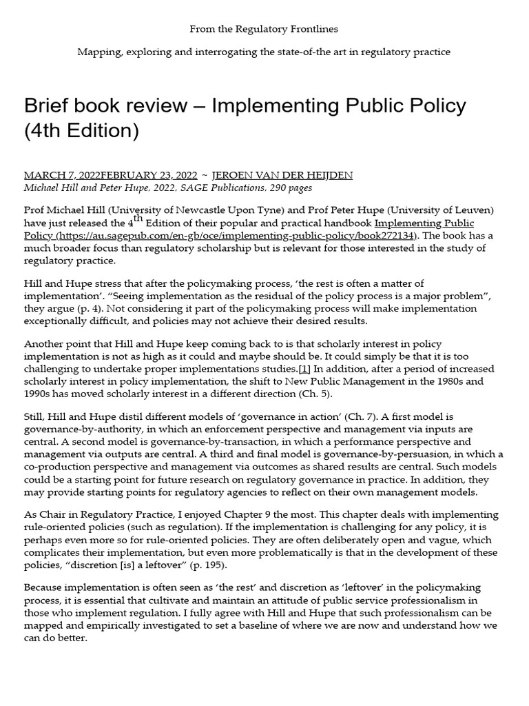 Brief Book Review - Implementing Public Policy (4th Edition) - From The Regulatory Frontlines ...