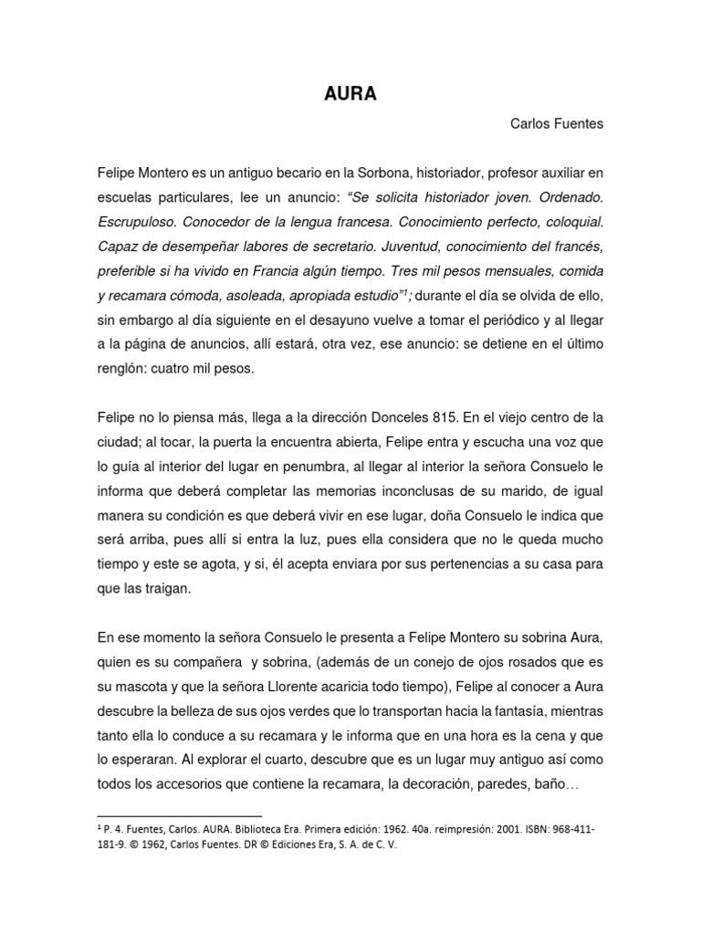 AURA. Carlos Fuentes. Resúmen | PDF | Clásicos