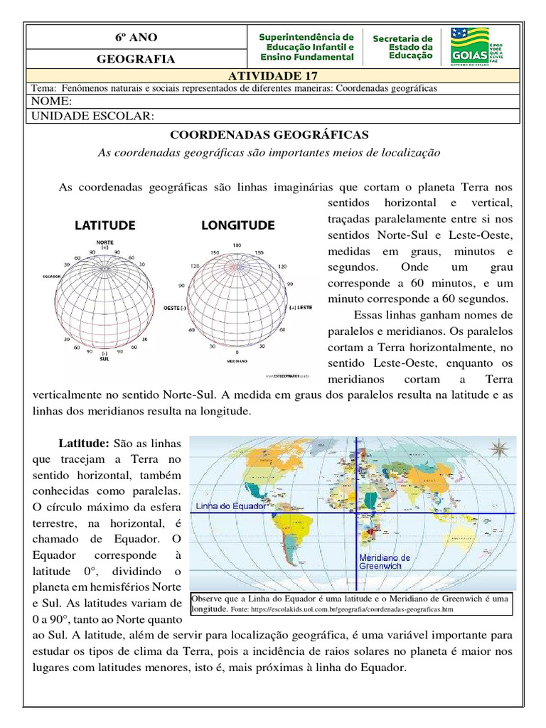 Atividade 17 6o GEO Coordenadas Geograficas 1 | Download grátis PDF | Longitude | Geofísica