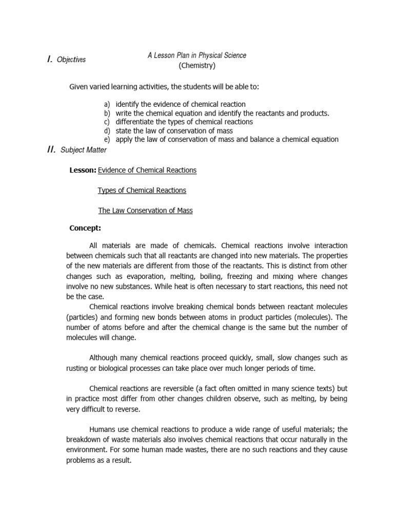 A Lesson Plan in Chemical Reactions | PDF | Chemistry | Chemical Reactions