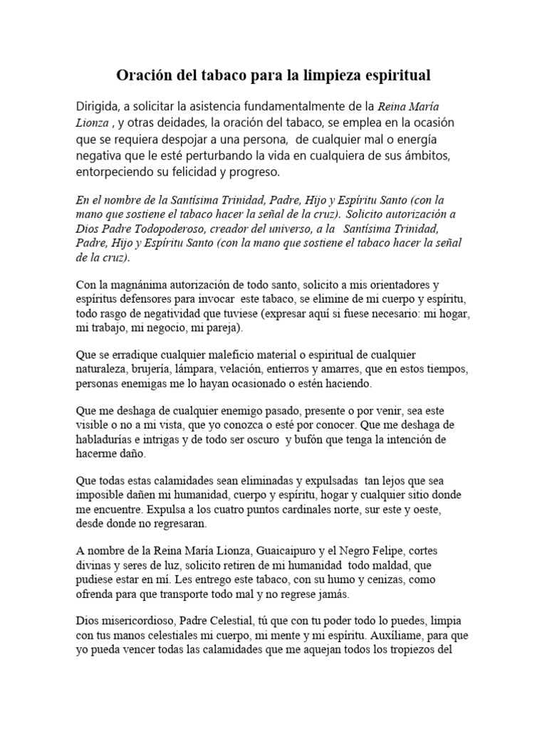 Oración Del Tabaco Para La Limpieza Espiritual Pdf