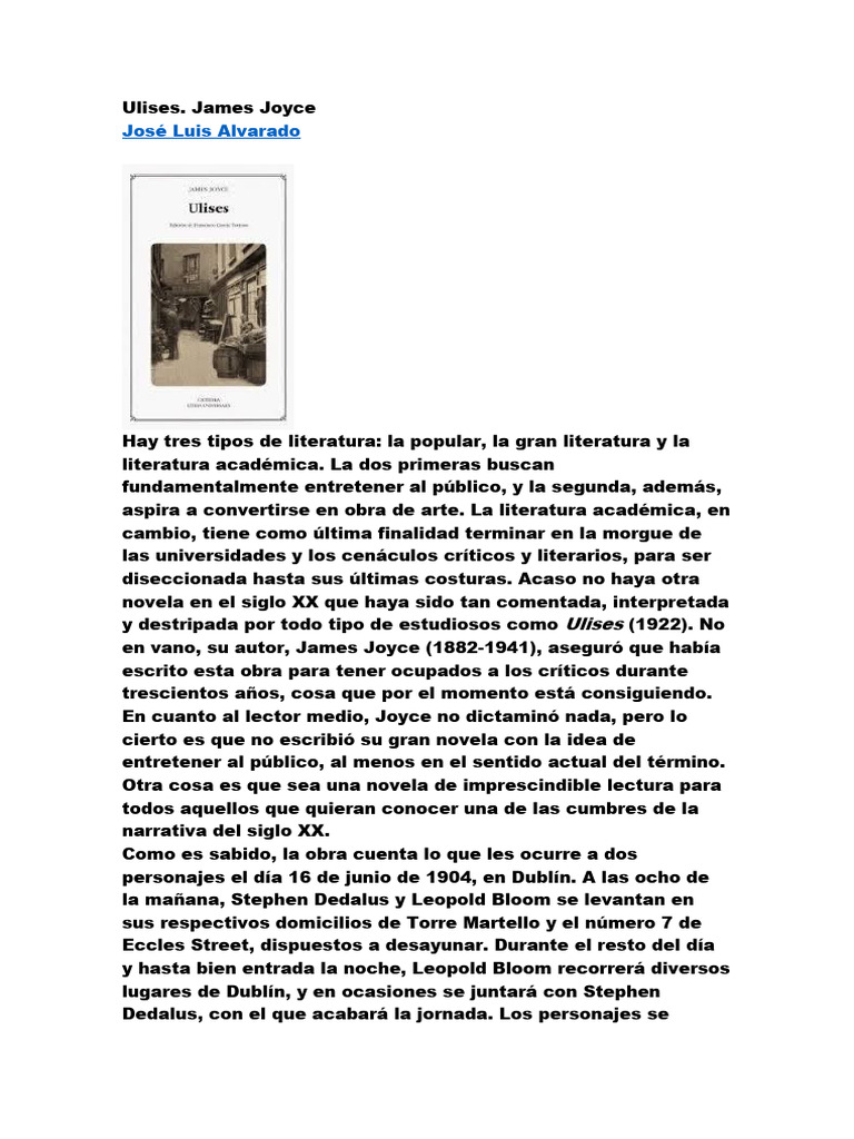 José Luis Alvarado: Ulises de James Joyce. | PDF | Ulises (novela ...