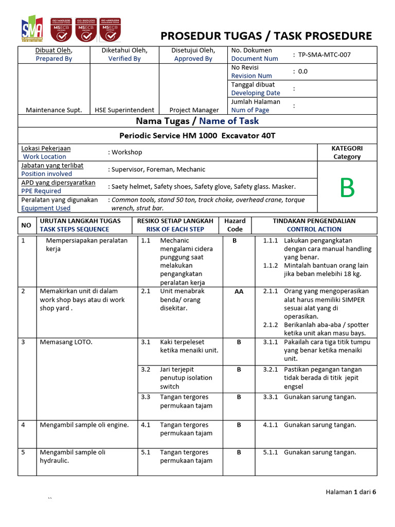 TP-SMA-MTC-007 Periodic Service HM 1000 Excavator 40T | PDF