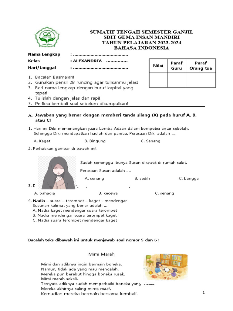 Layout Soal Bahasa Indonesia Done - Grade 2 | PDF