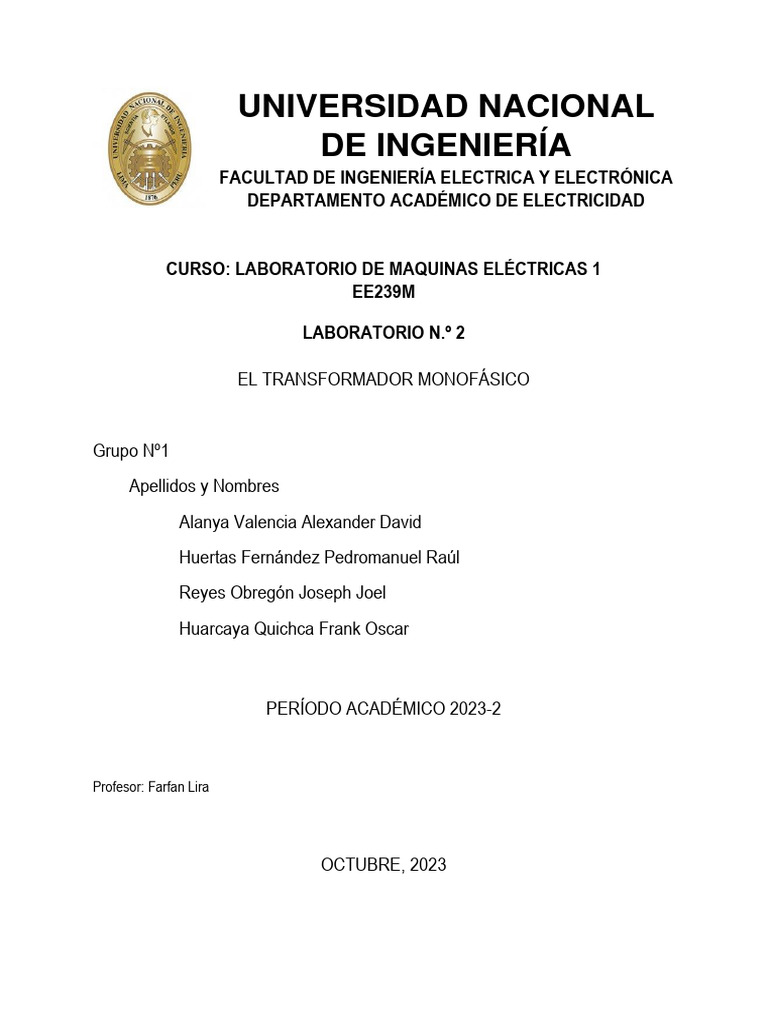 Informe Final Laboratorio N°2 Maquinas 1 | PDF | Transformador | Poder (Física)