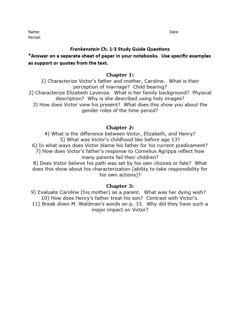 "Frankenstein Study Guide: Ch. 1-24" | PDF | Frankenstein