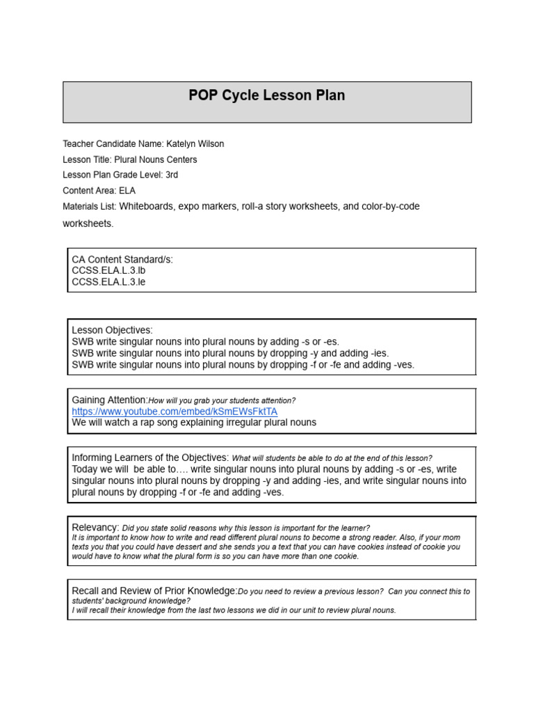 pop cycle lesson plan | PDF | Plural | Grammatical Number
