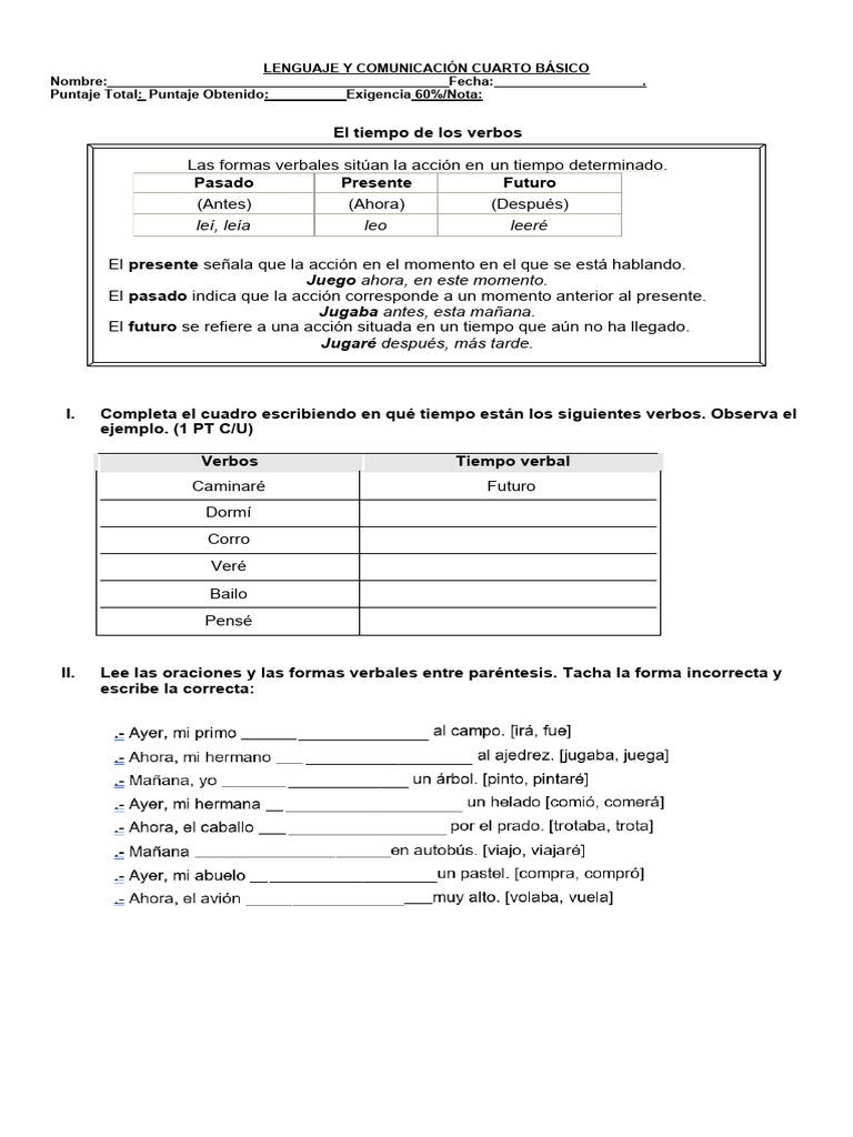 Tiempos Verbales para Cuarto Grado | PDF | Artes del Lenguaje y ...