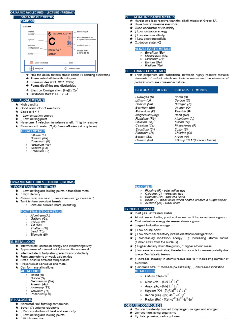 Orgmol Lec Prelims Trans 1 | PDF | Nature | Metallic Elements