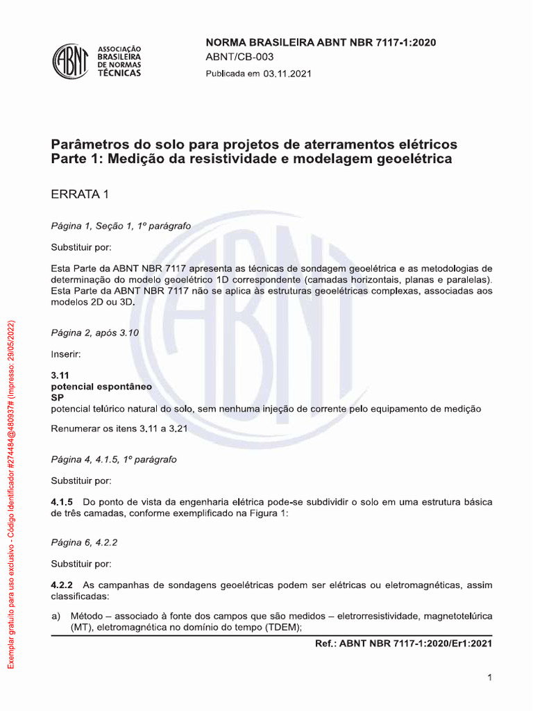 NBR-7117-2020 - Metodo Da Resistividade Do Solo - Errata 1-2021 | PDF
