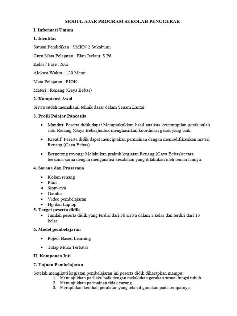 Modul Ajar Renang Gaya Bebas | PDF