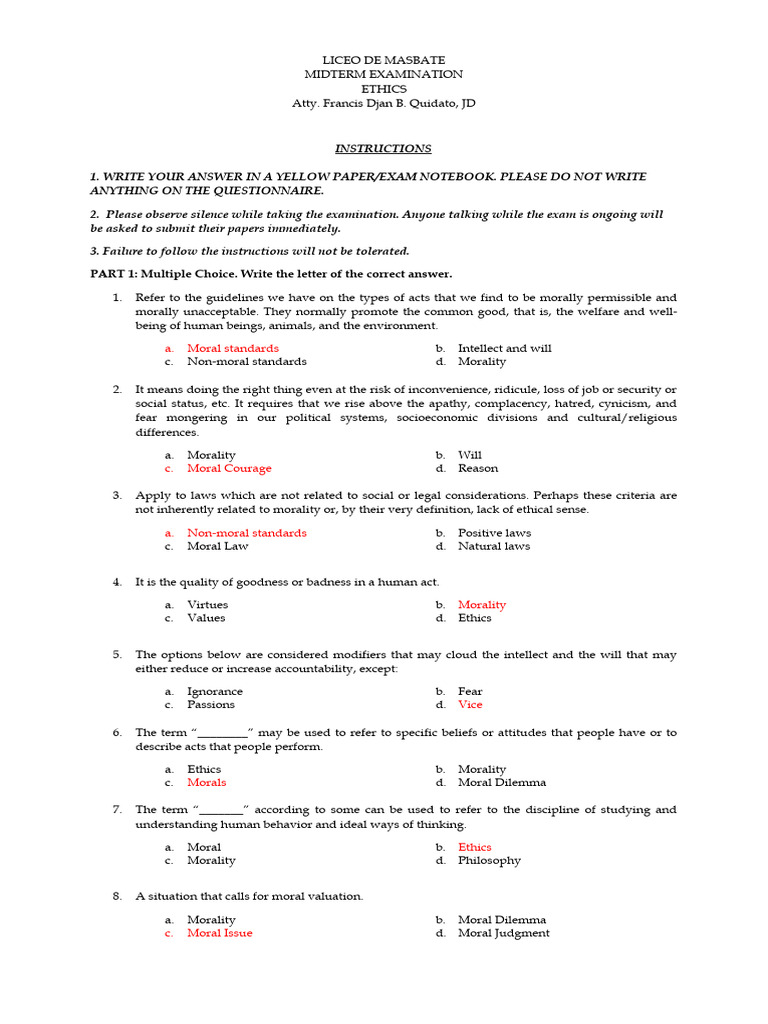 Ethics Midterm Exam Guidelines | PDF | Morality | Reason