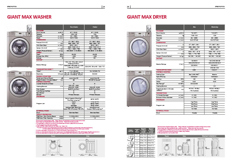 LG Giant Max Washer & Dryer Specs | PDF | Clothes Dryer | Washing Machine