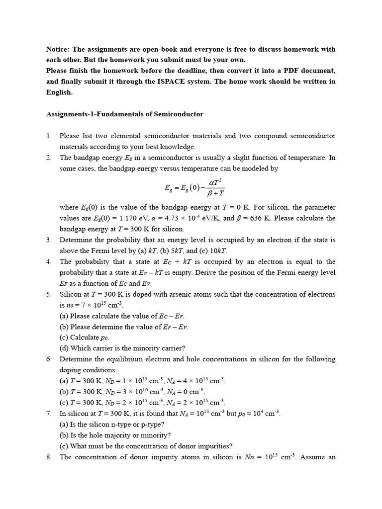 Assignments 1 FundamentalsofSemiconductor - 2023fall | PDF | Doping (Semiconductor) | Semiconductors